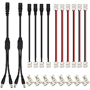HitLights LED Strip Connector 2Pin 8mm Connector Kit Include Solderless Gapless Connector, 6Inch Jumper Connector, DC Female and Connector, DC Jack Splitter for 3528 5050 LED Strips