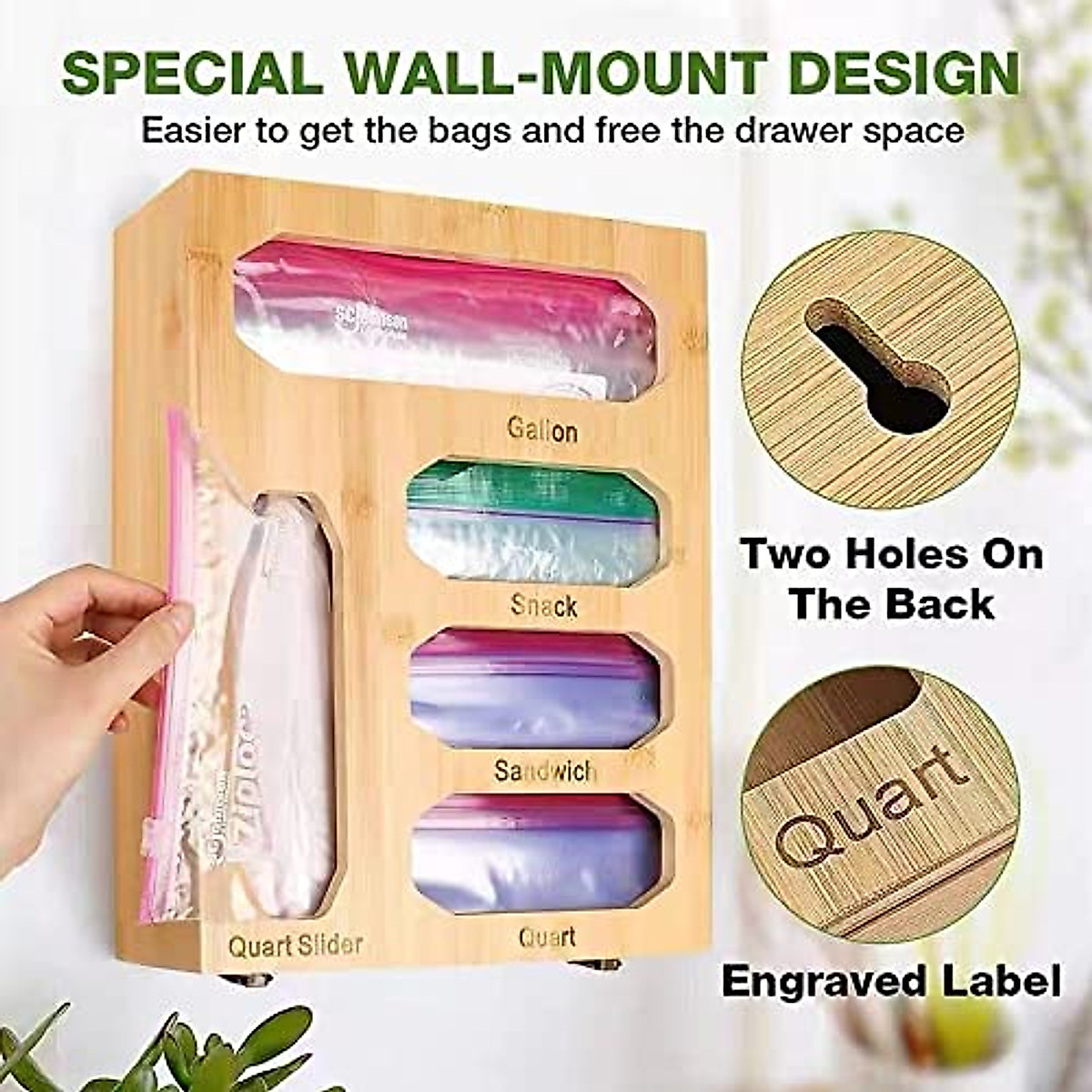 Sandwich Baggie Organizer, 5 Slots Ziplock Bag Storage Organizer, Bamboo Ziplock Bag Storage Organizer, for Kitchen Drawer & Wall Mount, Suitable for Gallon, Quart, Sandwich, and Snack Bags