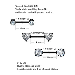 Ronbemo 3 Pairs Surgical Steel Nipple Ring CZ Straight Barbell Heart Rhinestone Nipple Studs Nipple Bar Body Piercing Jewelry for Women Black
