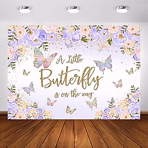Avezano Butterfly Baby Shower Backdrop for Girl's Purple Floral Pastel Butterflies Baby Shower Background Pink Lilac Purple Gold Butterfly Kisses and Baby Wishes Sprinkle Party Decorations (7x5ft)