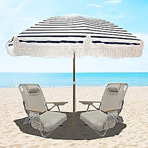 EasyGoProducts 5 Positions-Cupholder-Storage Backpack Chair Lightweight Rustproof Aluminum-Beach Umbrella 7 Foot – UPF 50+ UV Sun Protection-Tilt Function – Carry Bag, Tassel Deluxe Combo