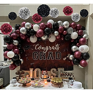 9PCS Maroon Burgundy Black Silver Tissue Paper Flowers Hanging Pom Poms Wall Backdrop Streamers for Graduation Bridal Wedding Shower Bachelorette Retirement Party Décor