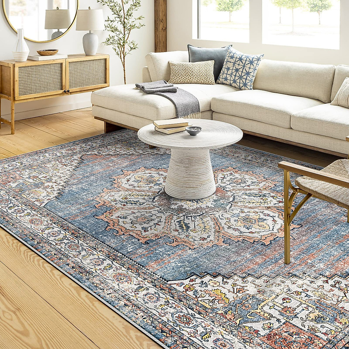 Washable Living Room Area Rug - 8x10 Large Bedroom Rug Distressed Oriental Non-Slip Non-Shedding Print Floor Carpet for Dining Room Kitchen (Blue, 8 x 10)