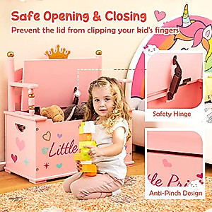 Costzon Wooden Toy Box, 2 in 1 Toy Chest Storage Bench Seat with Safety Hinged Lid, Kids Toy Storage Organizer for Playroom Bedroom, Children's Furniture, Gift for Toddler Girls Age 3+, Pink