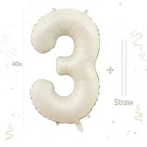 3 Balloon, Number 3 Balloon, 3 Balloon Number 40 Inch, Sand White Large Big Foil Number Balloons for Birthday Party Graduation Wedding Anniversary Baby Shower Bachelorette Decoration Supplies