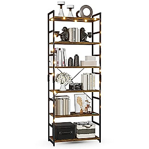 OTK 6 Tier Adjustable Bookshelf with String Light Tall Bookcase, Office Shelf Storage Organizer, Modern Book Shelf for Living Room, Bedroom, and Home Office, Vintage
