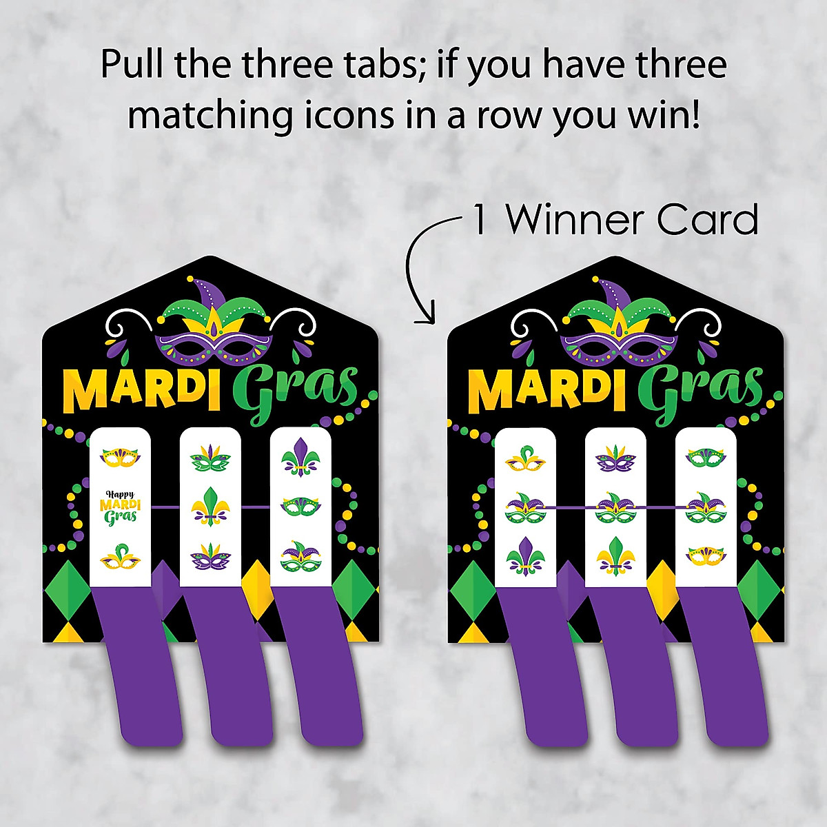 Big Dot of Happiness Colorful Mardi Gras Mask - Masquerade Party Game Pickle Cards - Pull Tabs 3-in-a-Row - Set of 12