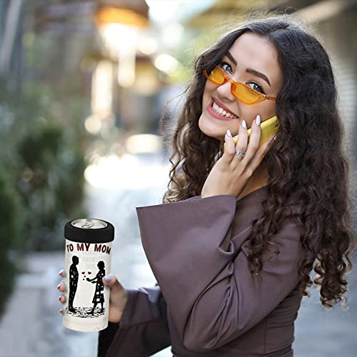 Mother's Birthday Gift for Mom from Son, Skinny Can Cooler Sleeves, To My Mom, Double-Walled Stainless Steel Slim Tumbler, Fits All 12oz Slim Cans, Christmas Day Birthday Gift（Light yellow）