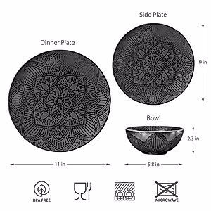 bzyoo BPA-Free Dishwasher Safe 100% Melamine Plastic Plate & Bowl Set Casual dining Indoor and Outdoor Dining Party Environmental Friendly (12 PCS set, Service for 4, La la Mandala -black)