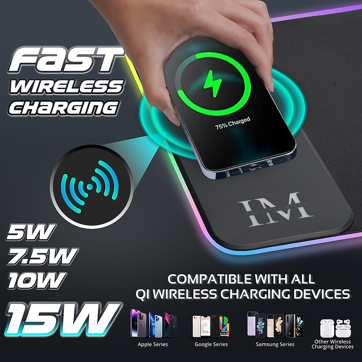 Ingenious Minds RGB Gaming Mouse Pad with Wireless Charging, Large Gaming Mouse Pad with 15W Fast Charging, 10 Colors LED Light, Premium and Non Slip Surface for Gaming, Desks, PC, and Office.