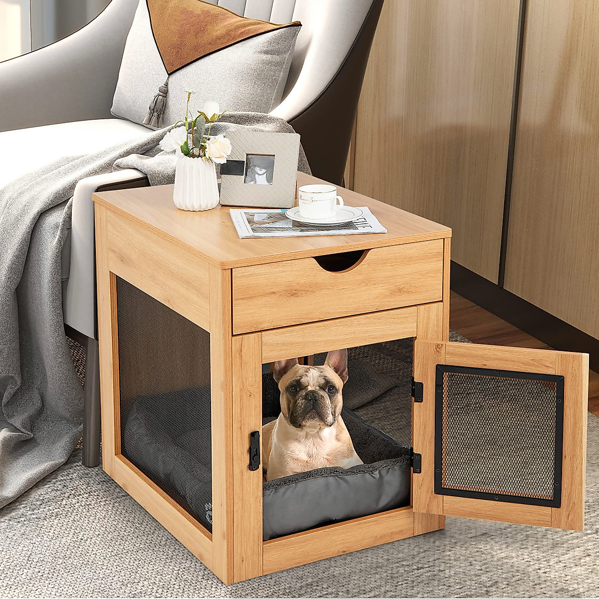 Giantex Dog Crate Furniture, Wooden Dog Kennel End Table with Removable Cushion, Storage Drawer, Latched Door, Wireless and Wired Charging, Furniture-Style Crate Side Table (Wood Color)