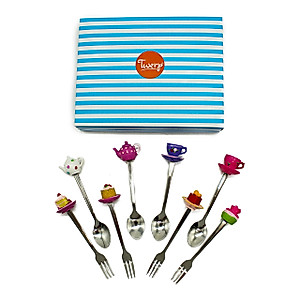 Tea Party Decorations and Tea Party Favors | 4 Stainless Steel Fancy Forks and 4 Stainless Steel Fancy Spoons | Resin Cake and Teapot Designs