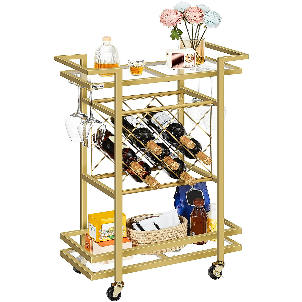 MAHANCRIS Gold Bar Cart, Home Bar Serving Cart, 3 Tier Drink Cart with 7 Wine Bottle Racks, Glass Holders, Beverage Cart on Wheels for Kitchen, Bar, Dining Room, Living Room, Outdoor, Glass, RCJ50B01