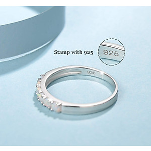 FANCIME Opal Rings Sterling Silver Created 6 stones Fire Opal October Birthstone Engagement Wedding Eternity Band Ring for Women Size 9