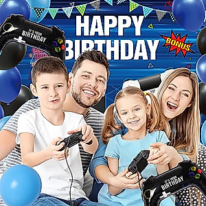 RUBFAC 69pcs Video Game Birthday Party Decorations Set Gaming Happy Birthday Supplies Includes Happy Birthday Banner Backdrop, Table Covers, Balloons and Foil Gamer Balloons for Birthday Party
