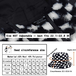 Campsis Winter Faux Bucket Hat Black Checkerboard Wool Fluffy Plush Bucket Hat Thick Fuzzy Fisherman Hat Skiing Cycling Camping Hiking for Women and Girls