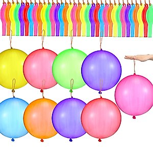 100 Pcs Punch Balloons Punching Balloon Assorted Color Heavy Duty Party Favors for Kids, Bounce Balloons with Rubber Band Handle for Birthday Party Wedding