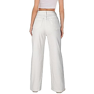 HDLTE Women's Wide Leg Jeans High Waist Baggy Jeans Loose Boyfriends Jeans White