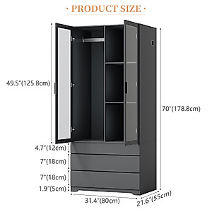 Vlsrka LED Armoire Wardrobe Closet Cabinet with 3 Drawers, 2 Doors Bedroom Storage Wardrobe with Lights, Adjustable Shelves, Hanging Rod, Modern Design, Grey - 70"