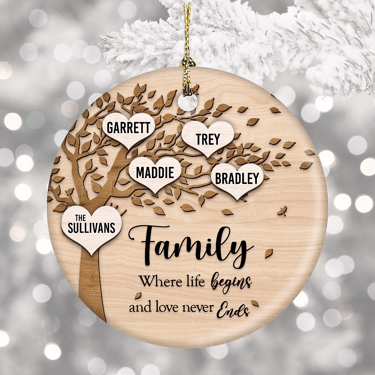 Family Where Life Begins and Never Ends Personalized 3 Inch Ceramic Christmas Ornament With Gift Box (4 Names)