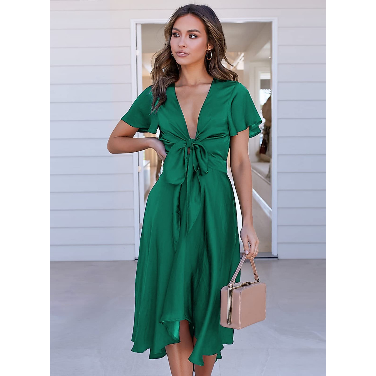 miduo Womens Dresses Satin Summer Loose Wrap Tie Front V Neck Short Sleeve High Waist Skater Swing Cocktail Party Midi Homecoming Dresses Green XXL