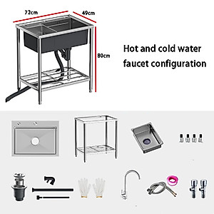 TOCTUS Outdoor Garden Sink Portable Hand Washing Station Single Trough Stainless Steel Commercial Sink Kitchen Bar Laundry Tub 1 Compartment with Storage Shelve and Faucet (Color : Hot and Cold)