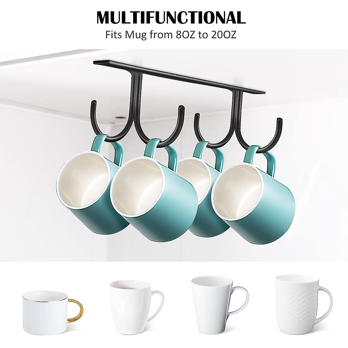 TRUSBER Mug Holder Under Shelf Coffee Cups Organizer Under Cabinet 3 Pack Cups Mugs Rack with Hooks 12 Hanging Hooks for Mugs,Coffee Glass Cups