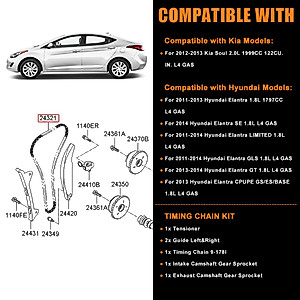 loosoo Timing Chain Kit 24321-2E000, Compatible with Kia Soul 2.0L 2012-2013/Hyundai Elantra 1.8L 2011-2014, w/Intake & Exhaust VVT Gear Sprocket 243502E001+243702E000, Timing Chain Tensioner&Guide