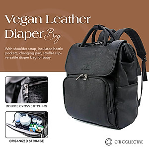 Citi Collective Explorer Black Diaper Bag Backpack - Vegan Leather Diaper Bag with Shoulder Strap, Insulated Bottle Pockets, Changing Pad, Stroller Clip- Versatile Diaper Bag for Baby