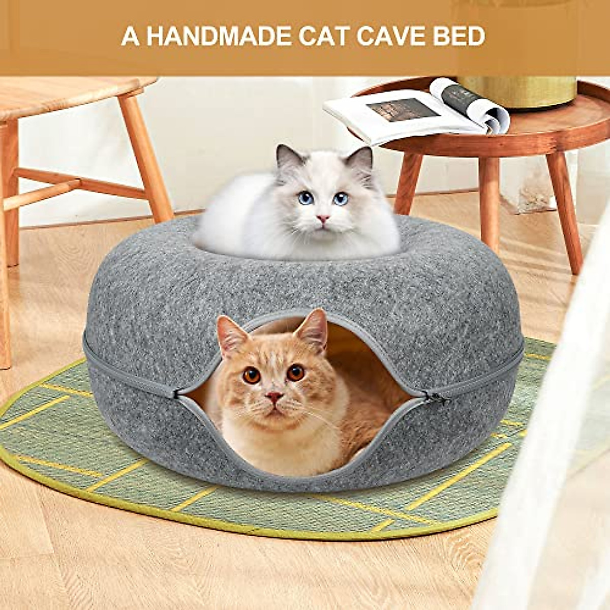 Cat Tunnel Bed, Cat Cave Bed ，Beds for Indoor Cats - Large Cat House for Pet Cat Cave ，Detachable Round Felt & Washable Interior Cat Play Tunnel for Small Pets (24 Inch, Dark Grey)