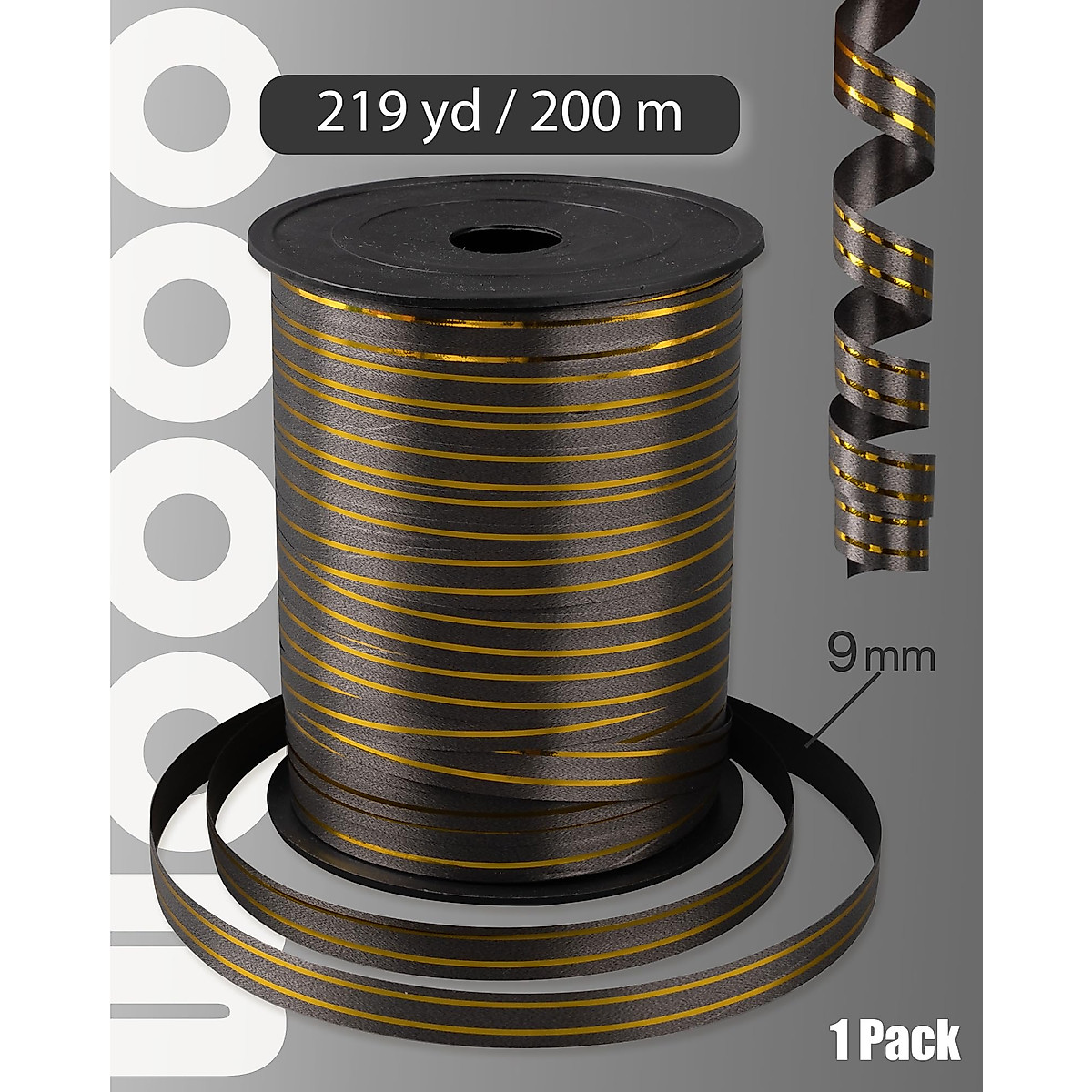 PartyWoo Black and Gold Curling Ribbon, 219 Yard Ribbon for Balloons, Balloon String, Balloon Ribbon, Curling Ribbon for Craft, Ribbon for Gift Wrapping, Crafting, Wedding, Florist Flower (1 Roll)