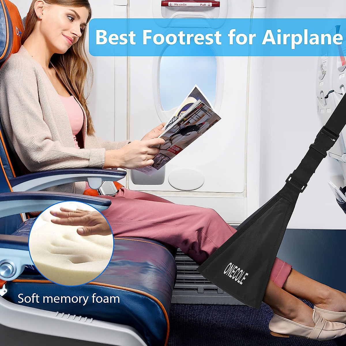 ONECOLE Airplane Footrest - Travel Foot Hommock with Memory Foam, Portable Adjustable Plane Leg Rest, No Clashing Footrest Provides Relaxation and Comfort for Long Flight (Black)