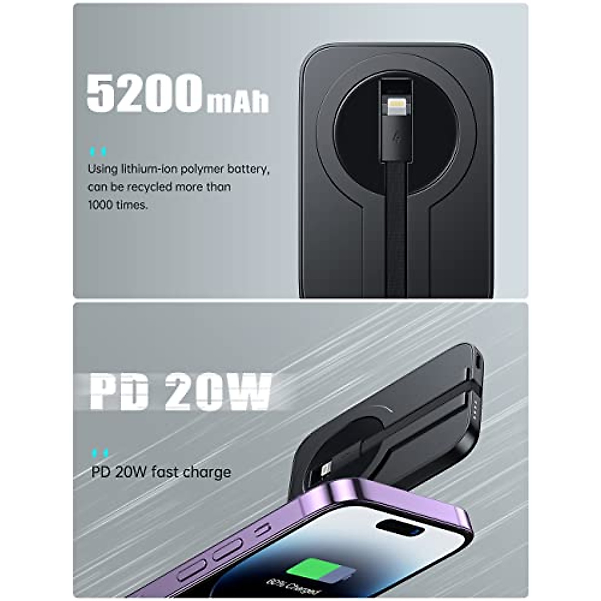 EMNT Small Magnetic Portable Charger for iPhone,5200mAh Mini Power Bank with Built-in Cable/Metal Stand, Battery Pack Compatible with iPhone 14/14 Plus/Pro Max/13/12/11/XS/XR/X/8/7/6/6s/Airpods More 5