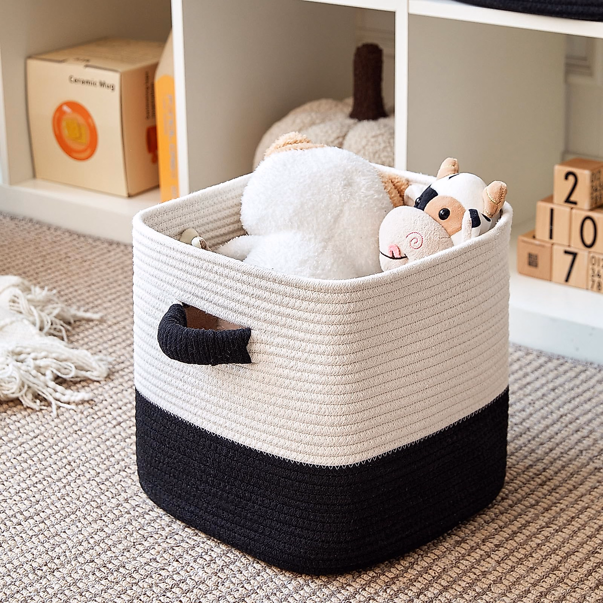 R RUNKA Storage Cube Baskets for Organizing-3 Pack - 11 inch Square Baskets for Cube Storage Closet Storage Bins- Woven Cube Storage Bins for Shelves- Cube Drawer-Toy Storage |White & Black