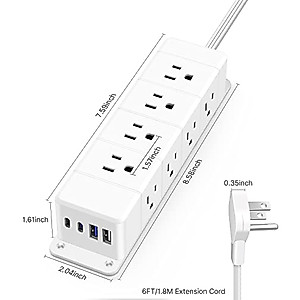 30W USB C Power Strip Surge Protector,Ultra Thin Flat Plug Power Strip 4 Side 12 Outlets,PD Fast Charing,2 USB-C, 2 USB-A(4 USB Total 40W),6ft Slim Extension Cord,16 in 1 Desk Power Bar,1200J White