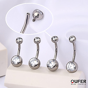 OUFER Titanium Long Belly Button Rings, Internally Threaded 14mm Navel Piercing Jewelry, Round CZ Belly Ring for Women