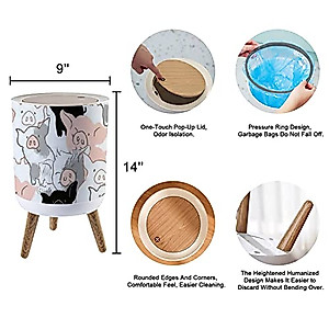 CAKOJV188 Round Trash Can with Press Lid Seamless Image Pigs Small Garbage Can Trash Bin Dog-Proof Trash Can Wooden Legs Waste Bin Wastebasket 7L/1.8 Gallon