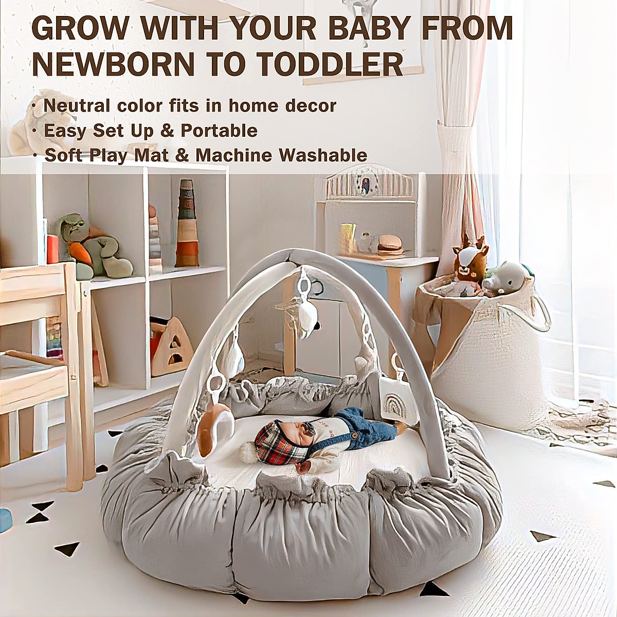 5-in-1 Convertible Baby Play Gym with 6 Toys, Tummy Time Mat for Sensory Development, Baby Activity Center from Newborn to Toddler, Ball Pit, Cat & Dog Bed, Soft Plush Pet Bed, No Ball Included