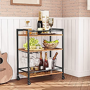 HOOBRO Bar Cart for The Home, Serving Cart with Wine Glass Hooks, Rolling Kitchen Cart with Lockable Wheels, 25.2 x 15.7 x 33.3 Inches Beverage Cart with Storage Shelves, Rustic Brown BF02TC01