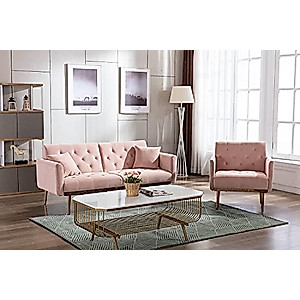SLEERWAY Modern Velvet Single Sofa Chair, Upholstered Accent Living Room Chair, Comfy Armchair with Rose Golden Metal Legs, Tufted Chair for Reading or Lounging (Pink)