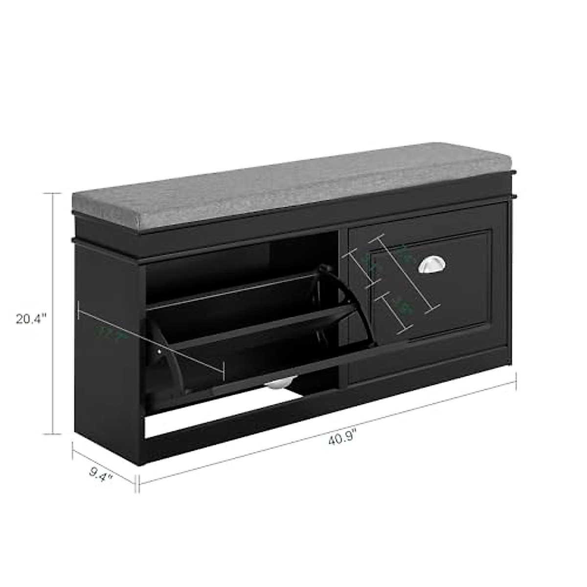 SoBuy Black Storage Shoe Bench with 2 Flip Drawers, Hidden Shoe Bench, Free Standing Shoe Rack, Shoe Cabinet, Hallway Storage Bench with Seat Cushion FSR64-SCH