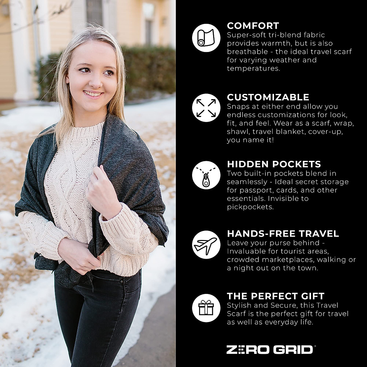 Zero Grid Infinity Fashion Scarf with Hidden Pockets Converts to Blanket and Wrap Perfect for Travel