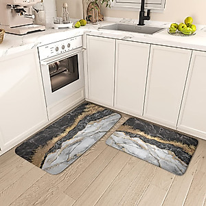 Harooni Marble Kitchen Mat 2 Pcs Anti Fatigue Black Gold Marble Kitchen Floor Mat Washable Water Absorbent Marble Look Kitchen Rugs for Bathroom Laundry Sink Kitchen Standing Mat