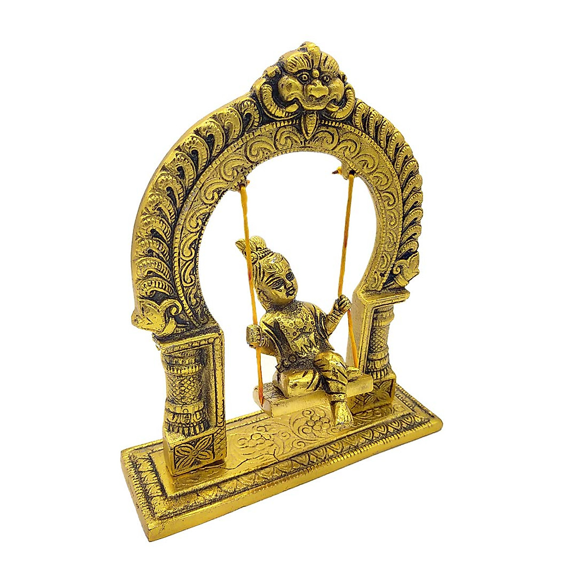Ecommall Laddu Gopal Metal Solid Jhula Swing with Ladoo Gopal Murti Handicraft Showpiece Idol for Temple/Home/Office (Gold, Medium)