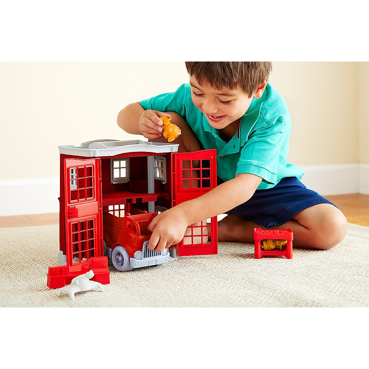Green Toys Fire Station Playset - 8 Piece Pretend Play, Motor Skills, Language & Communication Kids Role Play Toy. No BPA, phthalates, PVC. Dishwasher Safe, Recycled Plastic, Made in USA.