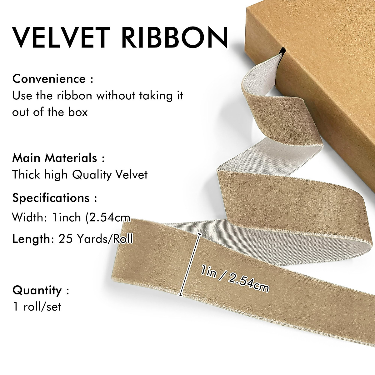 Khaki Velvet Ribbon 1'' 25 Yards for Christmas Tree, Gift Wrapping, Flower Bouquet, Wreath Decorations, Bow Making