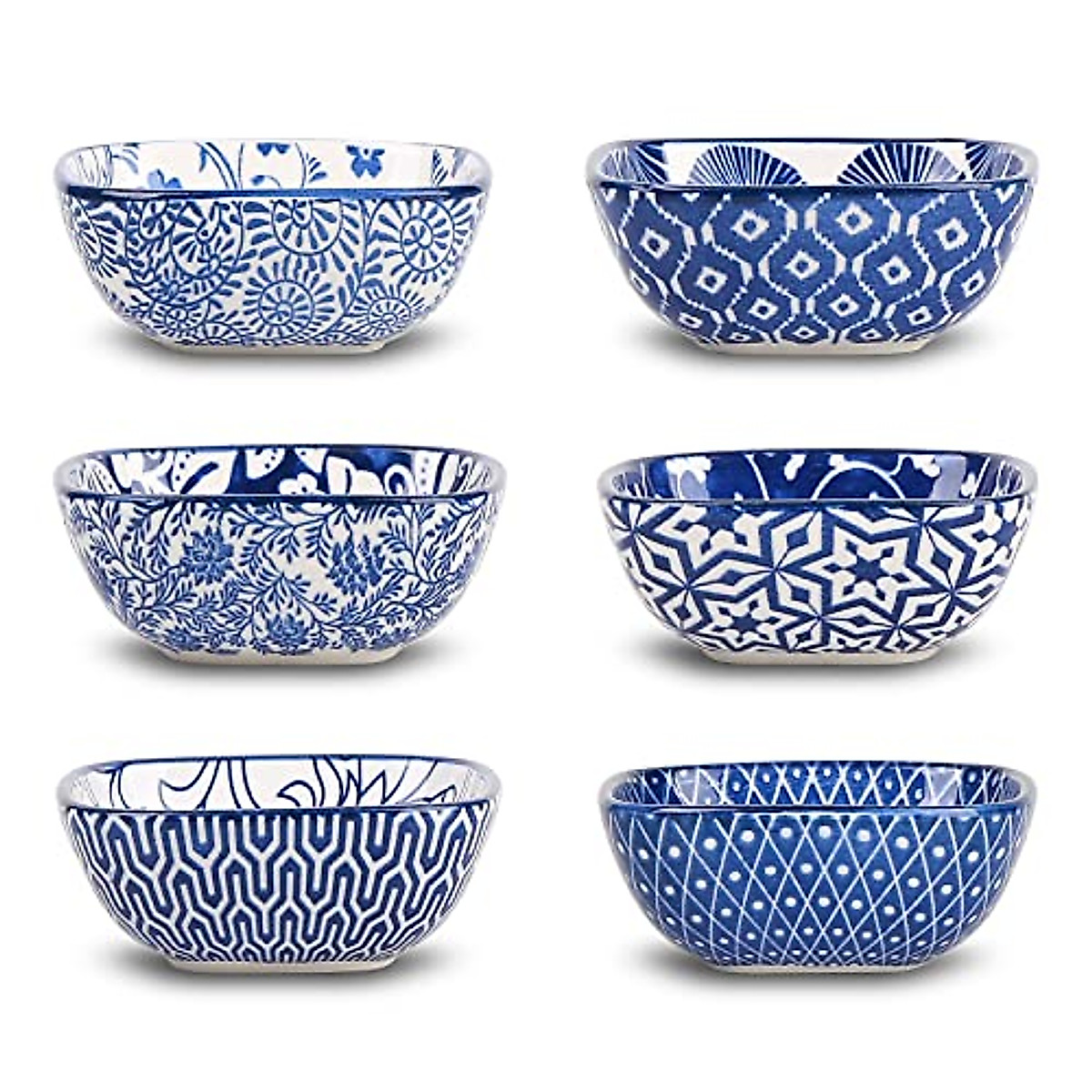 Selamica Ceramic 2.6 OZ Square Dipping Bowl Set, Soy Sauce Dish 3 inch Small Bowls for Ketchup Condiments Side Dish BBQ, Ramekins Oven safe, Stackable, Set of 6, Vintage Blue