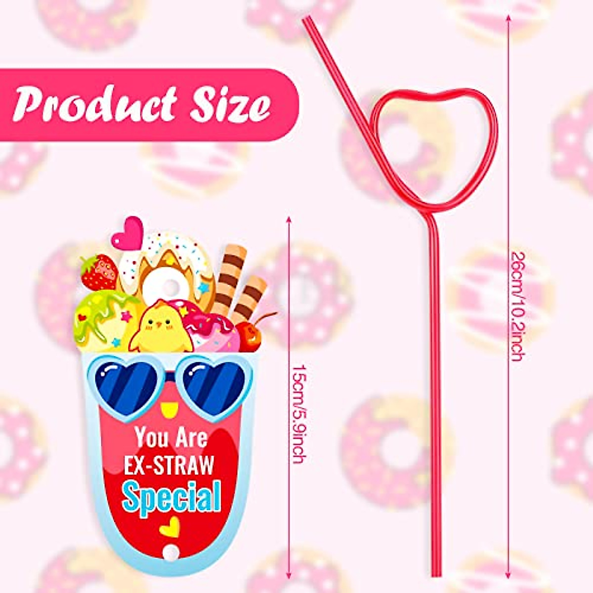 Qpout 32 Pack Valentine’s Day Cards for Kids,Funny Gift Cards with Loops Reusable Drinking Straws for Boys Girls Classroom Exchange Valentines Party Favors and Party Prizes