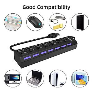 USB Hub, 7 Port USB 2.0 Hub LED Portable High-Speed Compatible for iMac Pro, MacBook Air, Mac Mini/Pro, Surface Pro, PC and Laptop