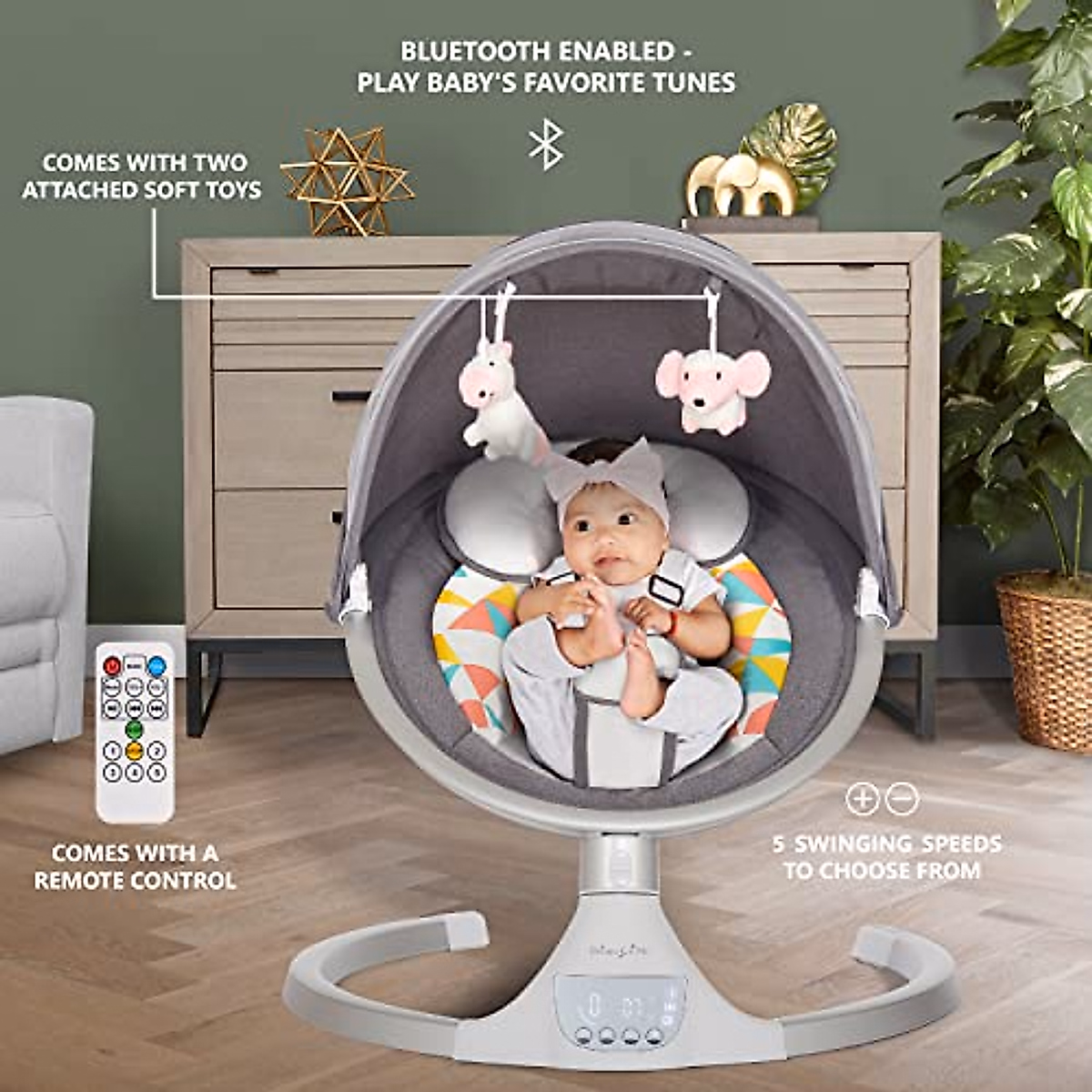 Dream On Me Zazu Baby Swing, Baby Swing for Infant, 5- Swinging Speed, Two Attached Toys, Bluetooth Enabled and Remote Control, Grey and Pink